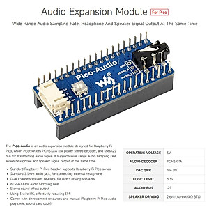Waveshare Audio Expansion Module for Raspberry Pi Pico Wide Range Audio Sampling Rate Headphone and Speaker Signal Output at The Same Time