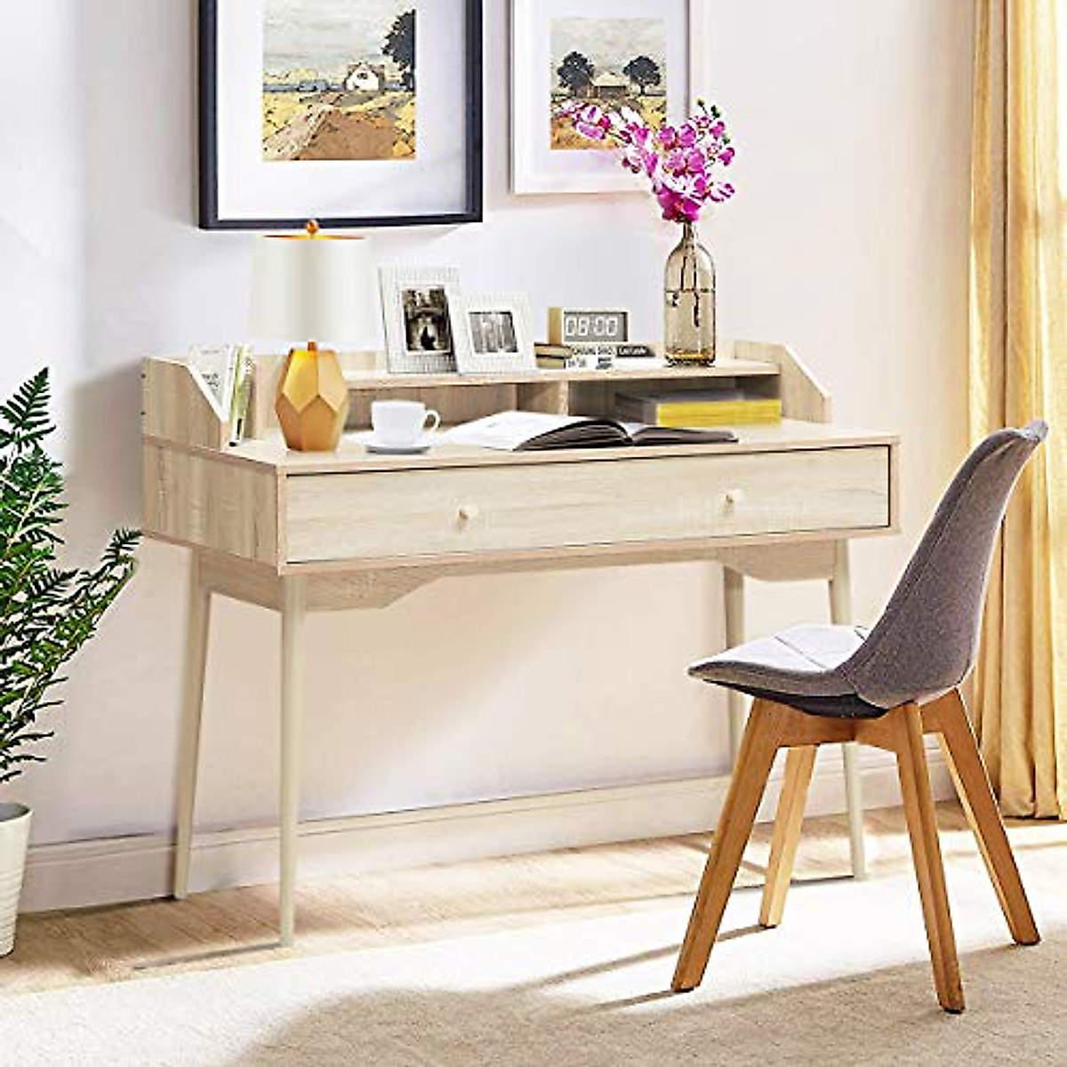 Tangkula Mid Century Desk with Storage Drawer, Writing Study Computer Desk with Hutch, Wooden Study Table PC Workstation, Home Office Desk Kid’s Desk for Bedroom (Natural)