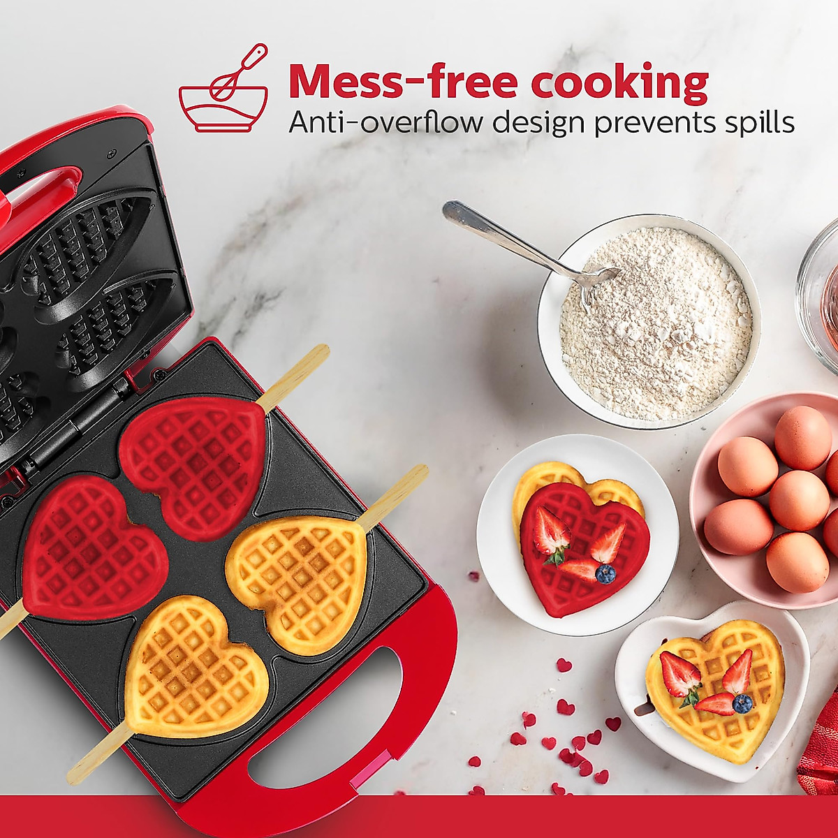 Holstein Housewares - Non-Stick Heart Waffle Maker, Red - Makes 4 Heart-Shaped Waffles in Minutes
