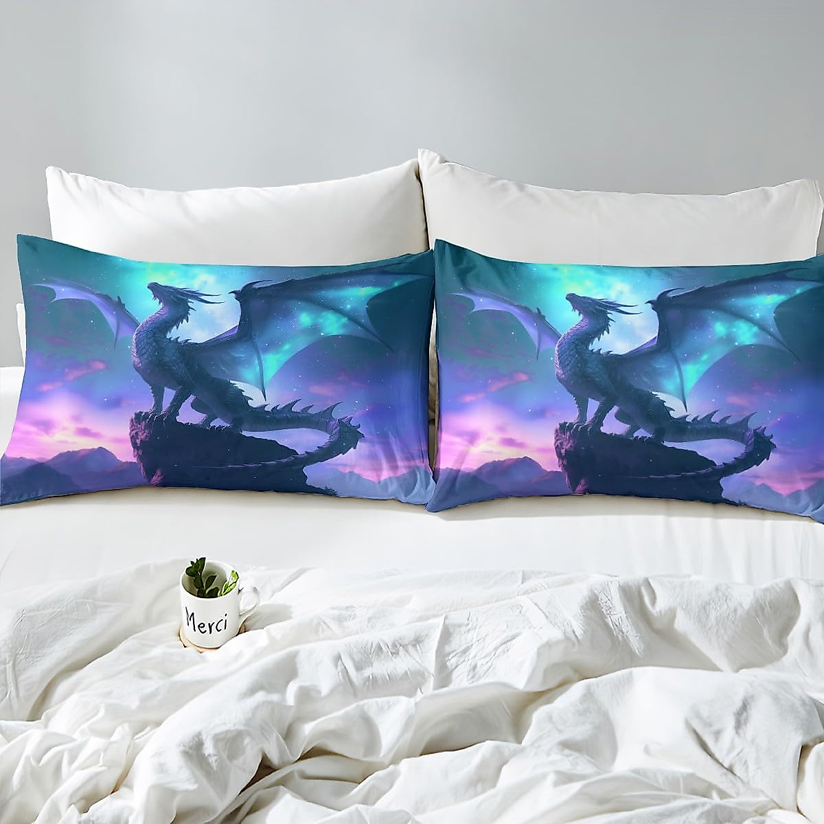 Dragon Duvet Cover Set Queen Size,Blue Purple Nebula Galaxy Bedding Set Kids Boys Girls Room Decor,Mountain Wildlife Nature Comforter Cover 3Pcs,Western Magical Dragon Bedspreads Cover,2 Pillowcases