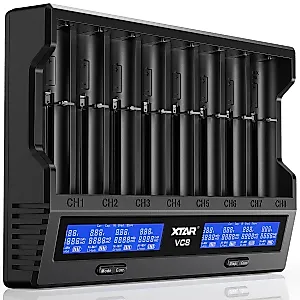 8 Bays Charger USB C Battery Charger XTAR VC8 Type C 3A Fast Charger 8-Bay Smart Charger LCD Display for 3.6V 3.7V Li-ion 1.2V Ni-MH C (Package Not Including Battery)