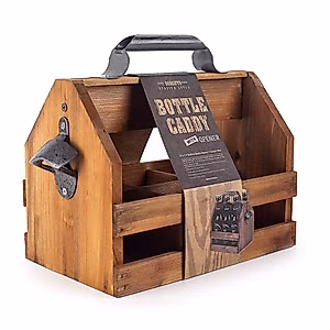 BARGIFTS Wooden 6-Bottle Caddy with Bottle Opener, build in a Removable Middle Divider Metal Bottle Opener… (Brown)