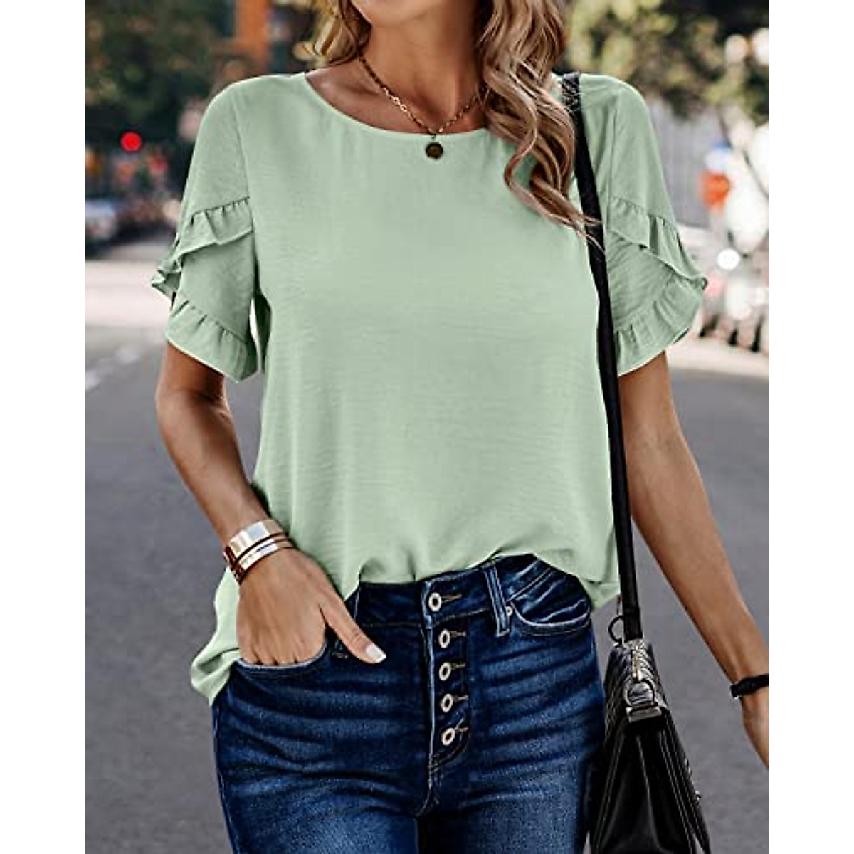 PRETTYGARDEN Women's Shirts Summer Casual Crewneck Lace Crochet Short Sleeve Blouses Cute Floral Print Loose Tunic Tops(Solid Light Green,Large)