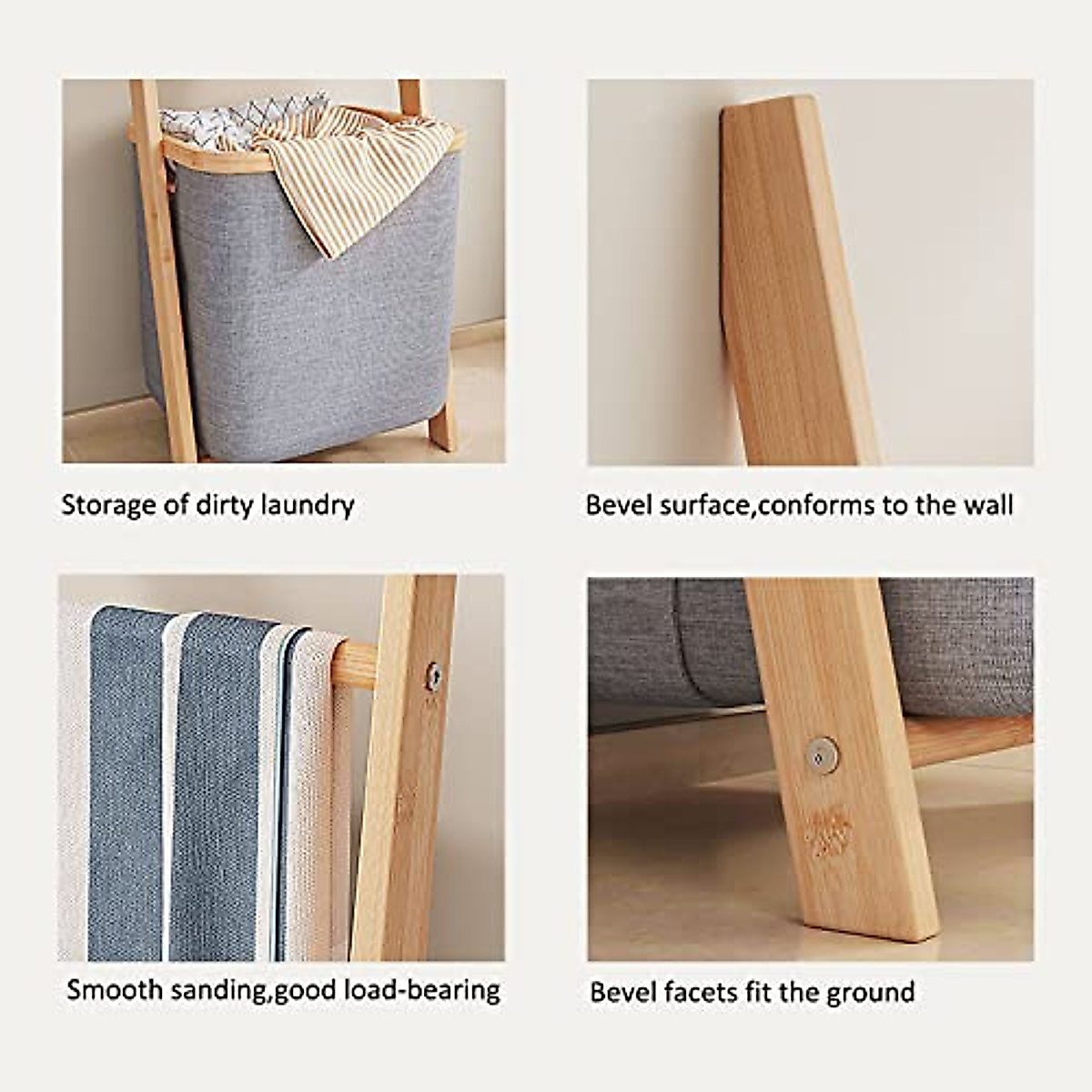 Blanket Ladder with Basket, 17.3”L x 55.1”H, Bamboo Towel Rack with Storage Hamper Basket, Blanket Holder Rack, Wall Leaning Decorative Ladder Shelf, Drying Display Rack for Bathroom Living Room Home