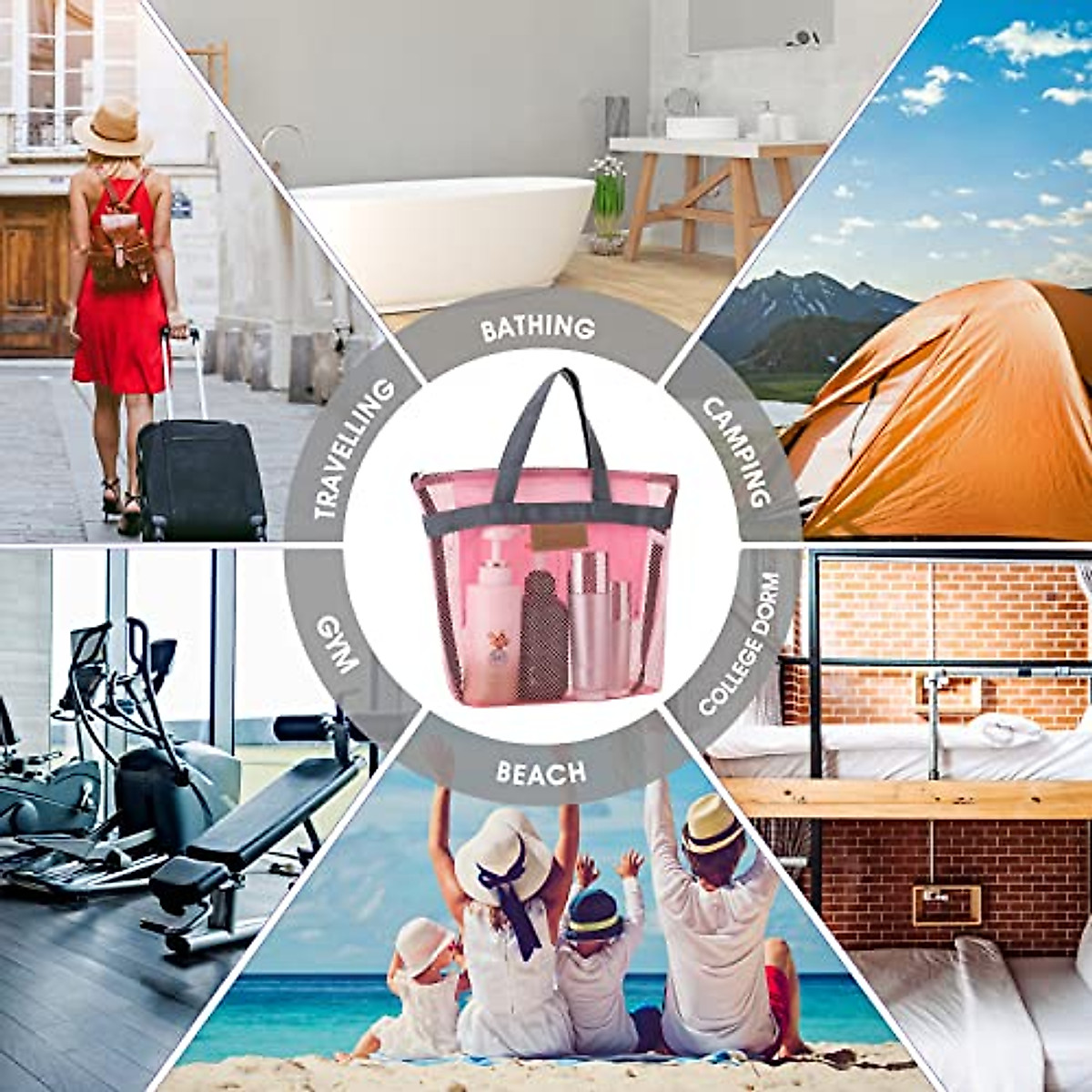 THINP Portable Shower Caddy, Mesh Shower Caddy Tote Mesh Shower Bag Quick Dry Shower Tote Bag with Zipper & 2 Pockets for College Dorms Gym Swimming Beach Travel Sports Games 10.6 * 7.8 Inch (Pink)