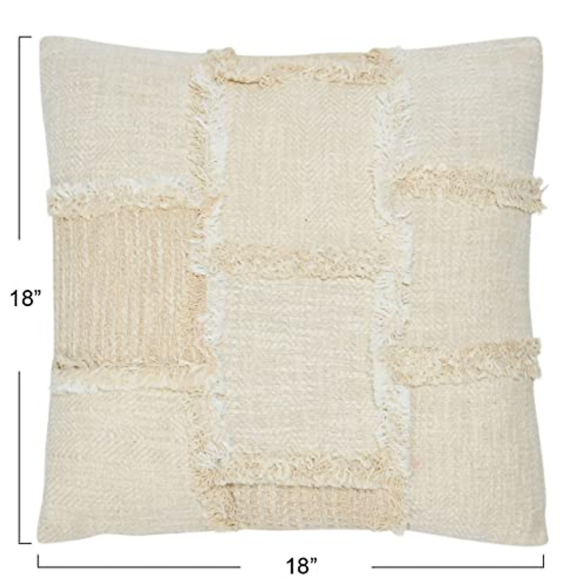 Creative Co-Op Woven Cotton and Wool Patchwork Frayed Edges Pillow, 18" L x 18" W x 2" H, Cream