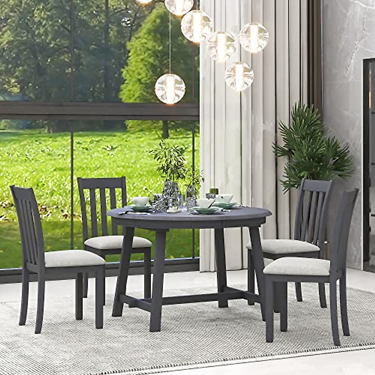 Lepfun Round Extendable Chairs, 4 Person, Wooden Kitchen Home Room (Grey), 5 Pieces Dining Table Set 1