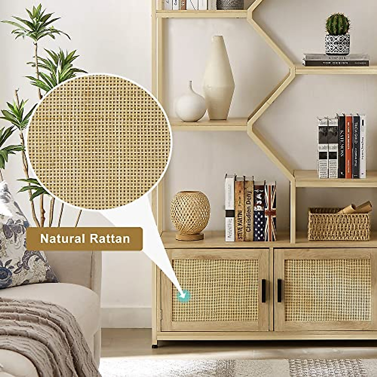 Bohemian Style Rattan Bookshelf, 5-Tier Open Display Shelves with Storage Cabinet, Eco-Friendly Particleboard Bookcase, Versatile Storage Rack for Living Room, Home Office, Natural Tones