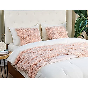 BYTIDE Mongolian Long Hair Faux Fur 50" x 60" Plush Throw Blankets with Two 20" x 20" Pillow Covers (NO Inserts) 3 Piece Set, Soft Luxury Furry Shaggy Throw with Micromink Back for Couch Bed, Pink