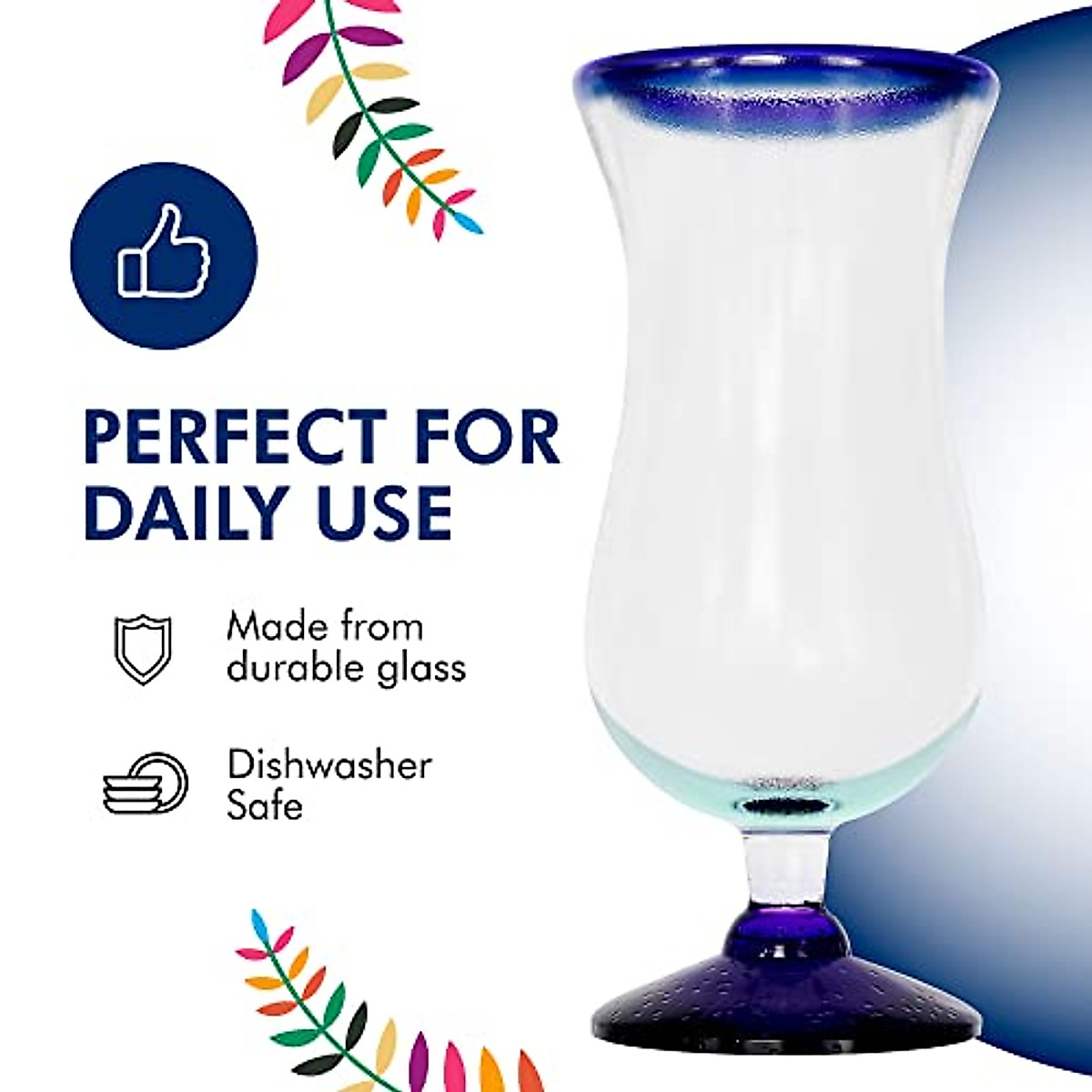Amici Home Blue Rim Hurricane Glass | Set of 4 | Authentic Mexican Handmade Glassware | Bar Glasses for Pina Coladas, Cocktails, and Other Beverages | 16 Oz