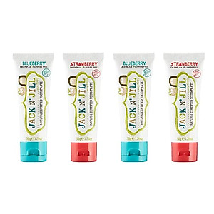 Jack N' Jill Kids Natural Toothpaste - Kids Toothpaste Fluoride Free, Organic Flavors, BPA Free SLS Free, Makes Tooth Brushing Fun for Kids - Blueberry & Strawberry, 1.76 oz (Pack of 4)