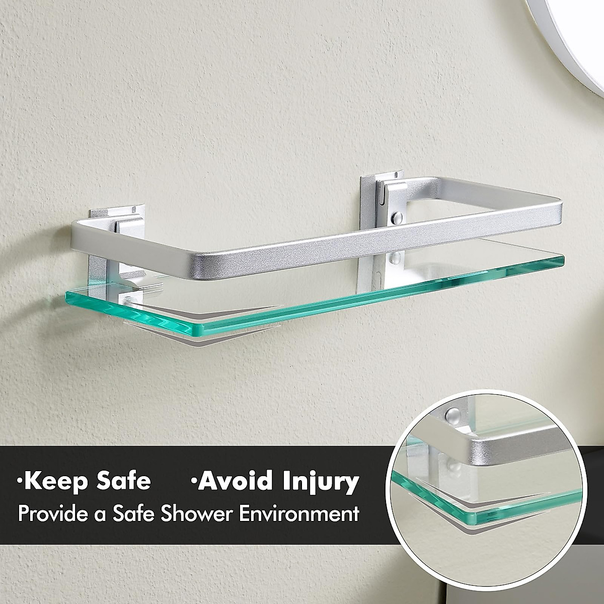 KES Glass Shelf for Bathroom, Glass Bathroom Shelf Floating Glass Shelf for Wall Aluminum Extra Thick 8MM Tempered Glass Shelf 3 Pack 1 Tier Rectangular Wall Mount Silver,A4126A-P3