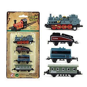 Mini Alloy Retro Steam Train Toy Kit Die-Cast Pull Back Simulation Steam Train Model Toys for 3 4 5 6 Years Old Kids Boys and Girls 8PCS