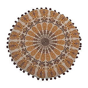 Creative Co-Op 16" Round Cotton Embroidered Pom Trim Pillow, Grey & Brown