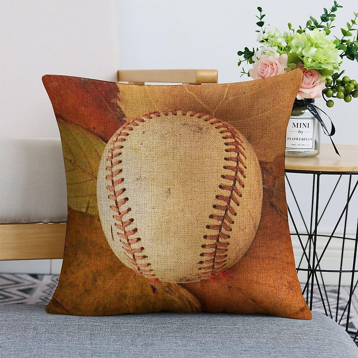 Maple Leaves Baseball Throw Pillow Covers 18×18 Pillowcases Set of 2 Autumn Softball Linen Decorative Square Pillow Case Cushion Covers Standard Size for Sofa Couch Outdoor Bed Pillow Protectors