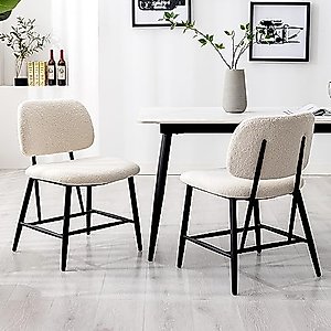 JIRAIN Mid Century Modern Upholstered Dining Chairs, Modern Boucle Fabric Accent Chairs Sherpa Chairs with Metal Legs for Living Room Farmhouse, Set of 2, Black