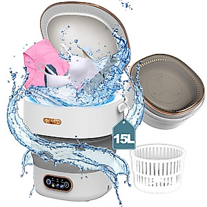 Portable Washing Machine, 15L New Model, Mini Foldable Washer with Dryer, Small Collapsible Compact Luandry Washer for Travel, Apartment, Dorm, Camping, RV, Underwears, Socks, Baby Clothes, Grey