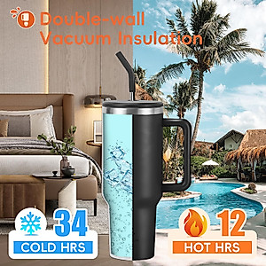 VUSIGN 40 oz Tumbler with Handle and Straw Lid, Stainless Steel Vacuum Insulated Tumbler Travel Mug Water Bottle Cup for Water Iced Tea Coffee Smoothie Car, Black