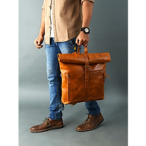 Gratlin Buffalo Leather Roll On Laptop Backpack 16 Inches | Vintage Genuine Leather Rucksack Backpack for Men & Women | Best Full Grain Tan Leather Backpacks Book Bag Knapsack for Travel Hiking Use