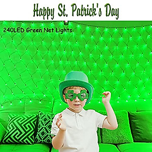 11.5ft x 5ft Solar Green Net Lights St Patricks Day Decorations, 240LED Outdoor Mesh Lights Waterproof 8 Mode with Remote 2 Power Supply String Lights for Bushes Trees Garden Wall Patio Indoor Decor