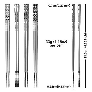 Metal Chopsticks Reusable 18/8 Stainless Steel Chopsticks Multipack Dishwasher Safe Chop Sticks Cute Laser Engraved Non-slip Japanese Korean Chopstick for Cooking Eating 9 1/4 Inches 5 Pairs Gift Set
