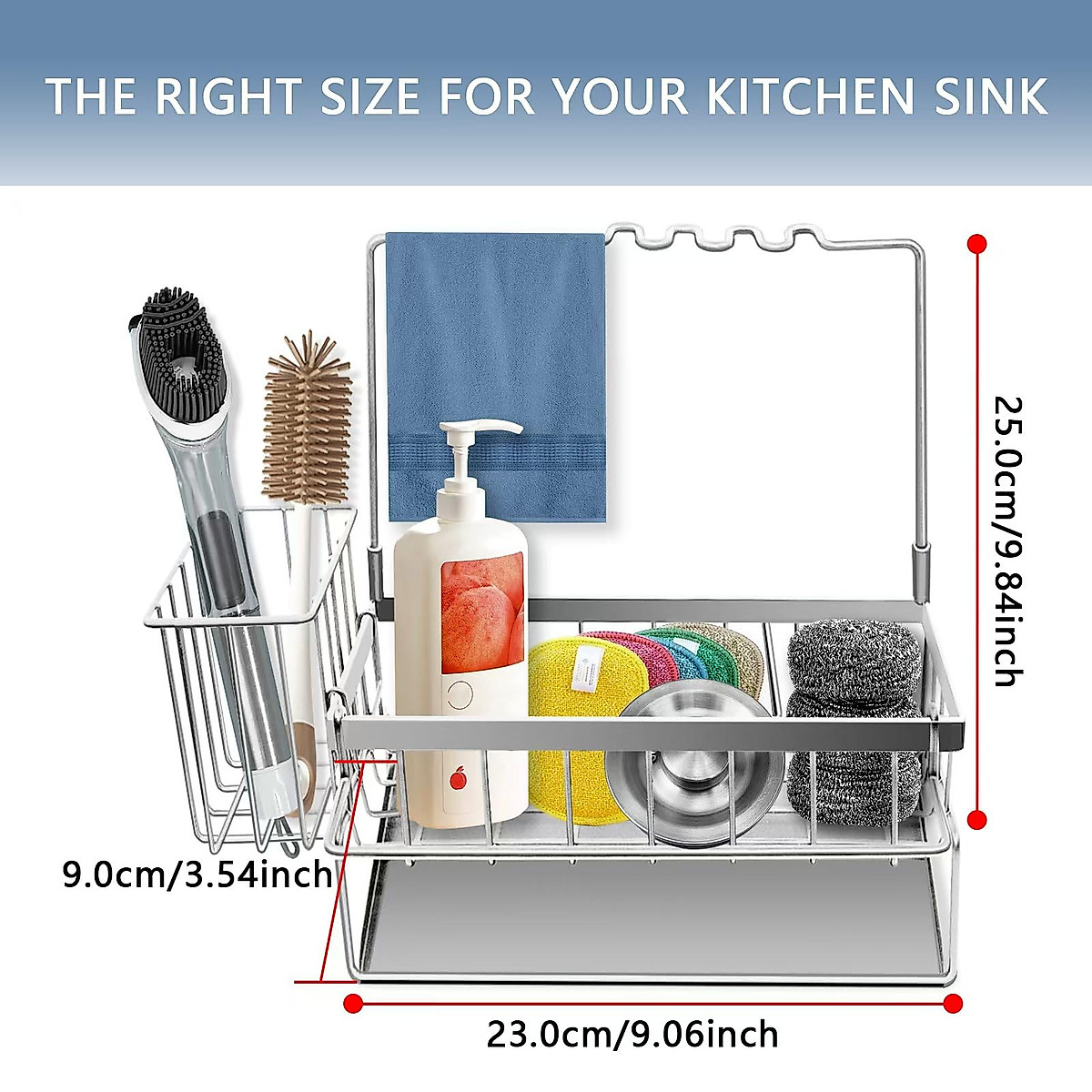 Yazoni 4 in 1 Sponge Holder for Kitchen Sink, Sponge Holder + Brush Holder + Dishcloth Hanger + Sink Stopper Holder with 2 Installation Ways, No Drilling Adhesive Sink Caddy Kitchen Sink Organizer