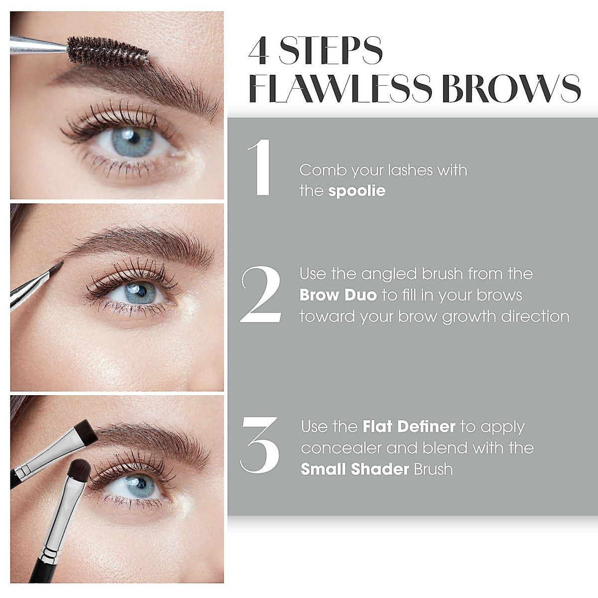 Eyebrow Brush - Duo Eye Brow Spoolie - Angled Eyeshadow Eyeliner - Precision Flat Definer - Small Shader - 3 Piece Makeup Brush Set - Cruelty Free Synthetic Bristles