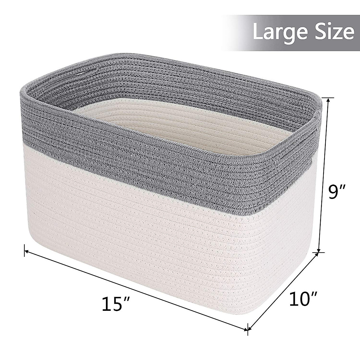 ANMINY Woven Cotton Rope Storage Baskets with Handles Large Washable Basket Decorative Storage Bins Boxes Nursery Baby Kid Toy Blanket Clothes Towel Laundry Organizer Containers - White/Gray