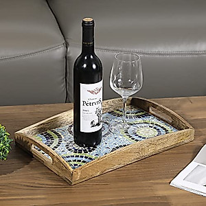 MyGift Mango Wood Serving Tray with Intricate Glass Mosaic Design, Rectangular Decorative Tray with Cutout Handles - Handcrafted in India