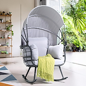 Patiorama Outdoor Indoor Rocking Egg Chair, Patio Rocker Chair with Retractable Canopy, All-Weather Outside Oversized Lounge Chair with Cushion for Garden Balcony Living Room, 350 lbs Capacity, Grey