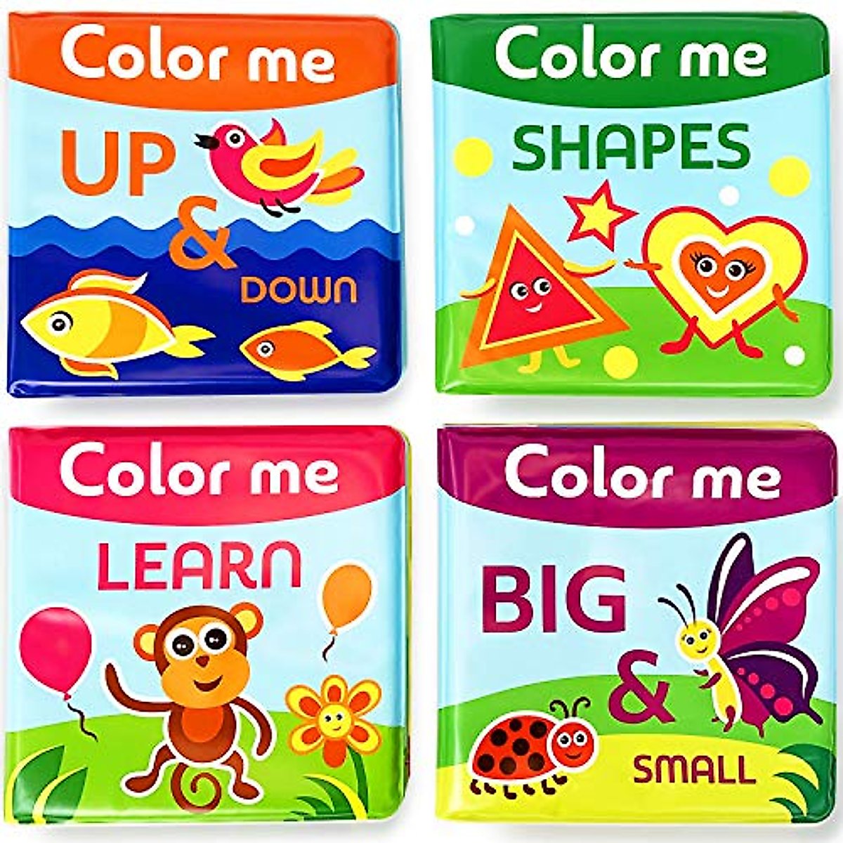 BabyBibi Color Me Bath Books Plus Crayons – Set of 4 Different Books – Includes 6 Washable Bath Crayons – Learn and Play Including Opposites and Shapes – Suitable for 2+