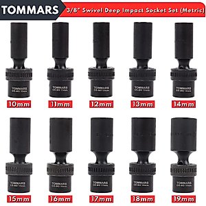 TOMMARS Swivel Socket Set, 3/8" Drive Deep Impact Swivel Socket Set, Wobble Socket Set Metric 10mm-19mm, CR-MO, 6 Point