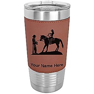 LaserGram 20oz Vacuum Insulated Tumbler Mug, Cowgirl Roping a Man, Personalized Engraving Included (Faux Leather, Dark Brown)
