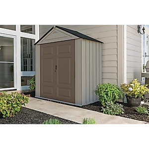 Rubbermaid Resin Outdoor Storage Shed With Floor (7 x 3.5 Ft.), Weather Resistant, Brown/Grey, Organization for Home/Lawn Mower/Backyard Equipment/Bike Storage/Pool Supplies