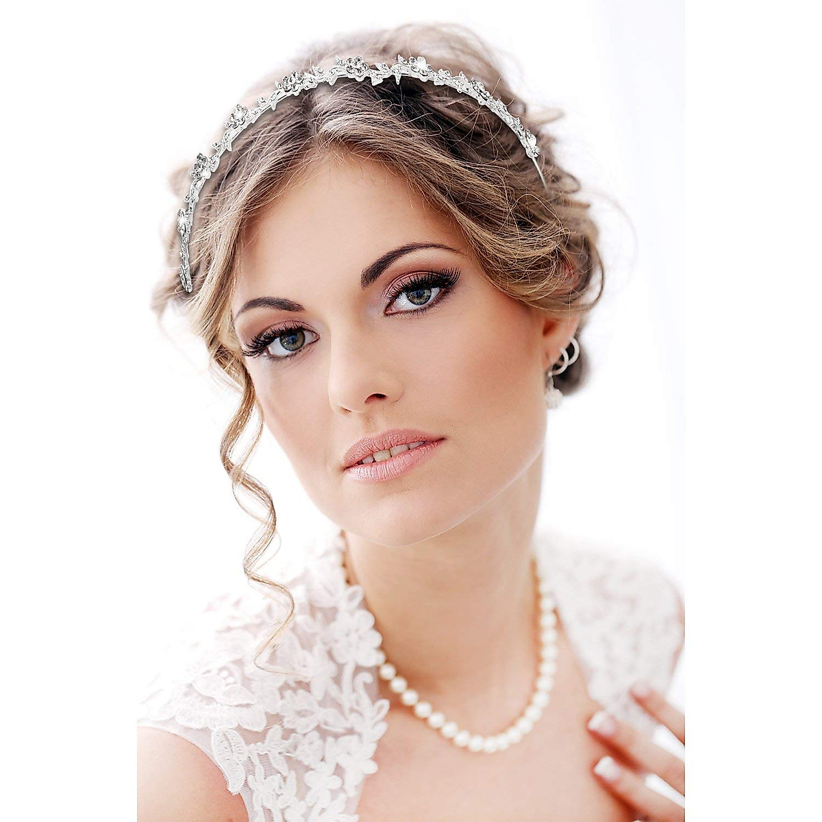 Pangda 2 Pieces Rhinestone Bridal Crystal Women's Headband Wedding Flower Girl Pearl Diamond Slim Thin Silver Flower Leaves Crown Hair Band Accessories Headpiece Tiara for Bride Bridesmaids