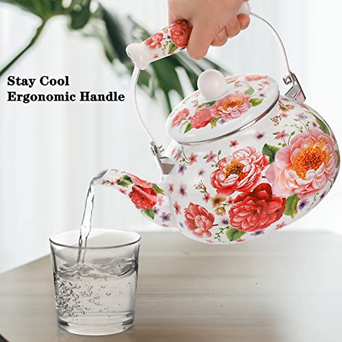 DEAYOU 2.6 Quart Enamel Tea Kettle Stovetop, Large Porcelain Enameled Teakettle, 2.5L Vintage Tea Pot with Ceramic Cool Handle, Colorful Floral Steel Teapot for Hot Water, Retro Decor, No Whistling