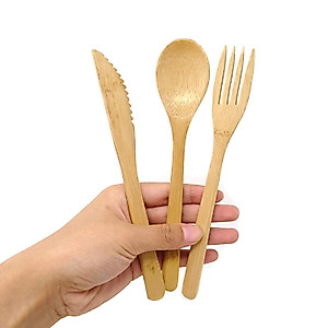 Honbay 3PCS Japanese Style Creative Eco-friendly Bamboo Flatware Set Reusable Utensils with a Retro Pouch -Spoon, Fork, Knife