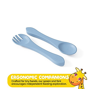 Muqee Peeko Carolina Blue Silicone Baby and Toddler Self-Eating Food Plates Set with Utensils (8 Piece Set)