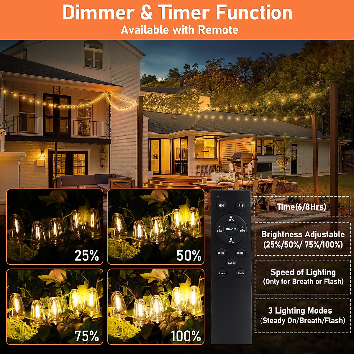 100FT Outdoor Solar String Lights with Remote, USB Rechargeable LED Patio Lights with 52 Timer Dimmable ST38 Edison Bulbs, Enhanced 5W Solar Panel Outside Hanging Lights for Porch Garden Deck Backyard
