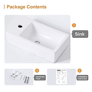 Small Bathroom Sink, HOROW 18" x10" Wall Mount Sink Rectangle White Porcelain Ceramic Vessel Sink for Tiny Bathrooms (Left Hand)