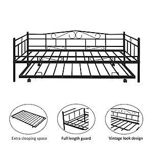 Tensun Twin Size Daybed with Trundle,Metal Bed Frame for Bedroom Living Room, Heavy Duty Steel Slat Support, No Spring Box Needed