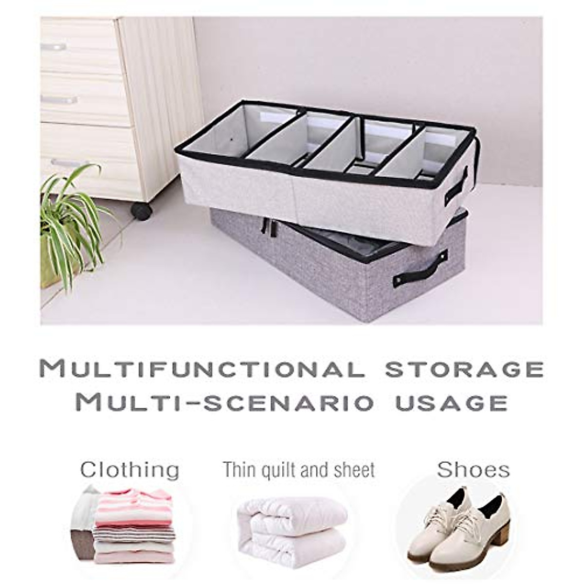 AARAINBOW 2 Packs Foldable Under Bed Clothes Organizer with Lids, Underbed Storage Container with Adjustable Dividers, UnderBed Storage Bins with Handles and Clear Window (Gray+Light Gray)