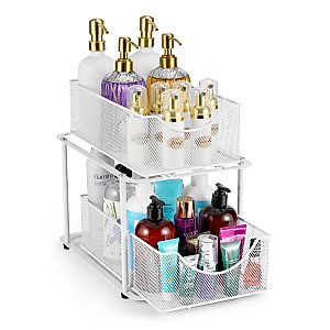 Sorbus 2 Tier Under the Sink Organizer Baskets with Mesh Sliding Drawers —Ideal for Cabinet, Countertop, Pantry, and Desktop, for Bathroom, Kitchen, Office, etc.—Made of Steel (White)