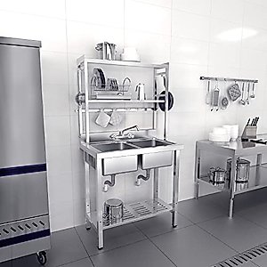 VINGLI 67" 2-Compartment Commercial Sink with Shelves Over & Drying Rack Underneath, 304 Stainless Steel Sink Double Basin with Drain for Restaurant, Freestanding Utility Sink for Laundry Room, Garage