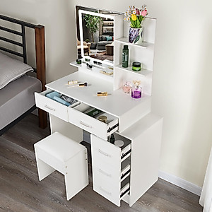 Lucaseone Vanity Table with Lighted Mirror, Makeup Vanity with Lights and Drawers, Vanity Desk Dressing Table with Cushioned Stool for Bedroom (3080 LED White)