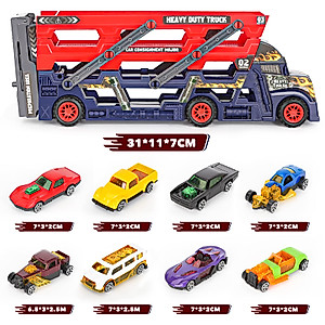 Aoskie Transport Car Carrier Truck Toy for Boys and Girls, Hauler Launch Vehicles Play Set with Mini Cars and Road Signs