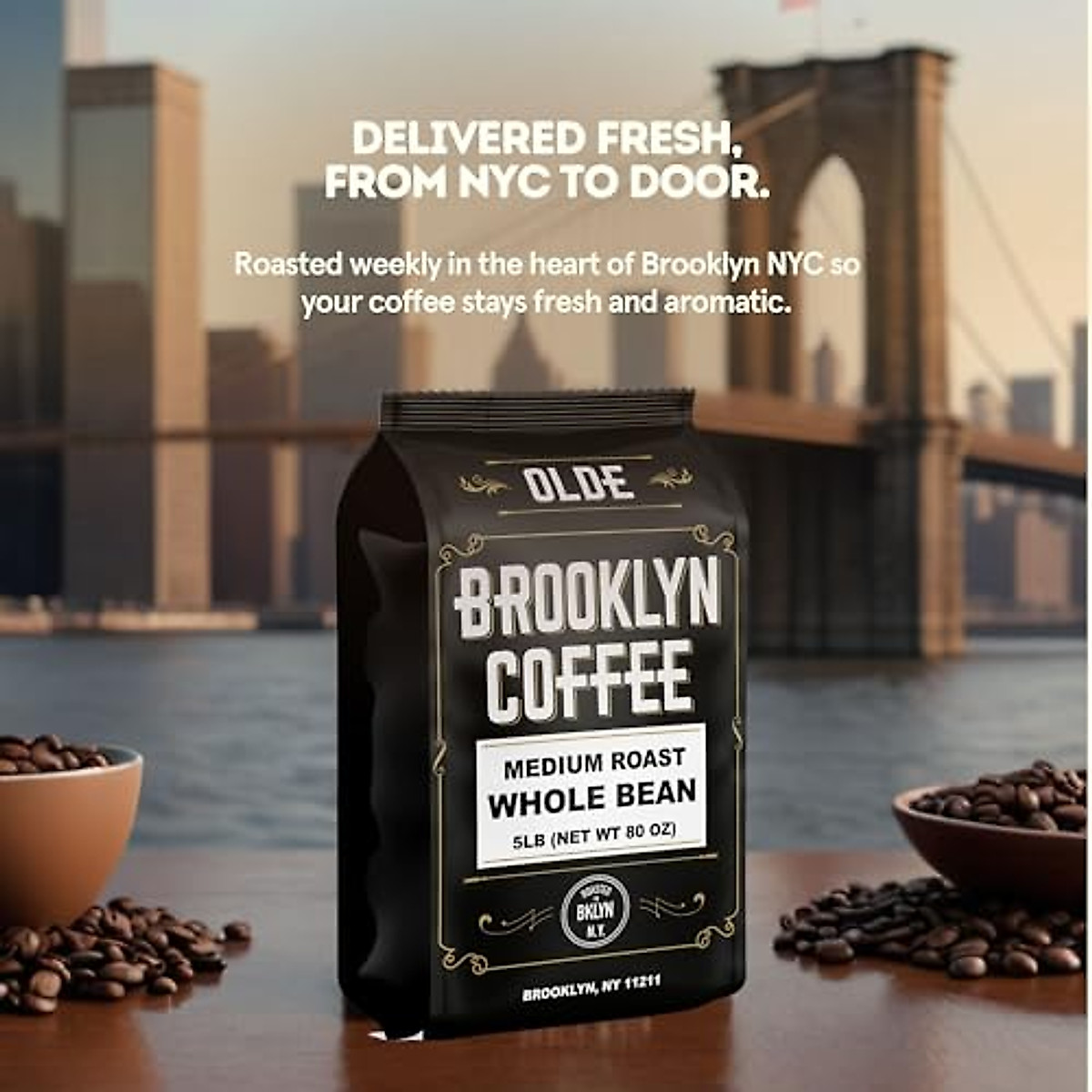 BROOKLYN COFFEE Whole Bean, Classic Medium Roast (5lb) Balanced, Smooth, Mellow - Fresh Bulk Coffee Beans Roasted Weekly in NYC