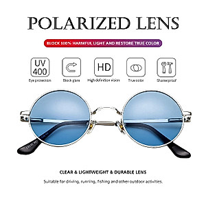 PORADAY Circle Lennon Glasses Retro Round Polarized Sunglasses Hippie Style Small Circle Sun Glasses (Silver/Clear Blue)