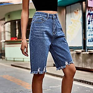 MINzYI Women's Mid Rise Denim Shorts Summer Casual Ripped Jean Shorts Cut Hem Distressed Stretchy Vacation Beach Shorts