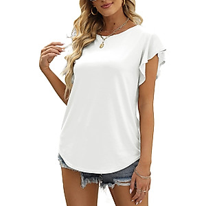 MIROL Women's Ruffle Sleeve Tops Summer Casual Blouse Crew Neck Solid Cute Tunic Shirt White